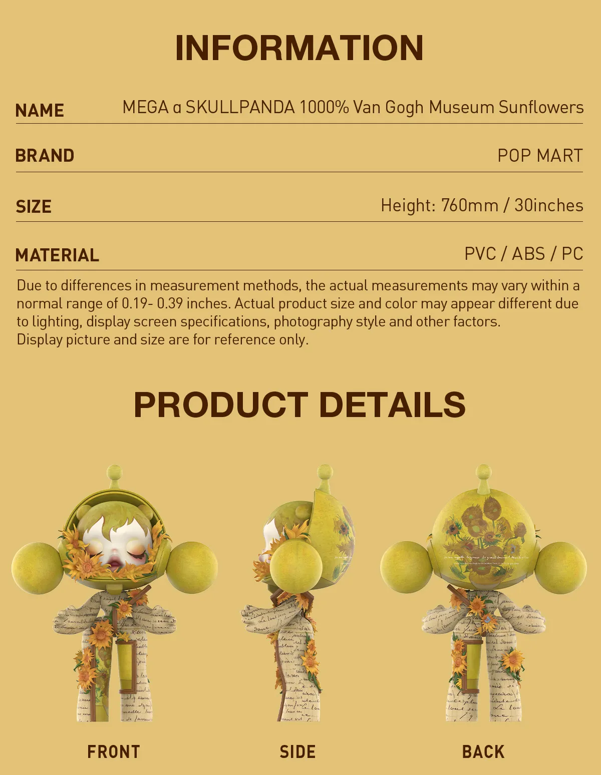 MEGA α SKULLPANDA 1000% Van Gogh Museum Sunflowers - POP MART (Mexico)